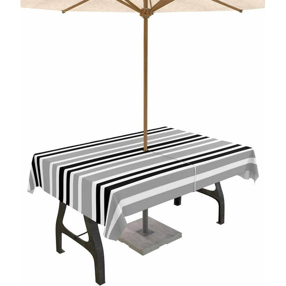 Black Grey Striped Outdoor Tablecloth with Umbrella Hole Rectangle ...