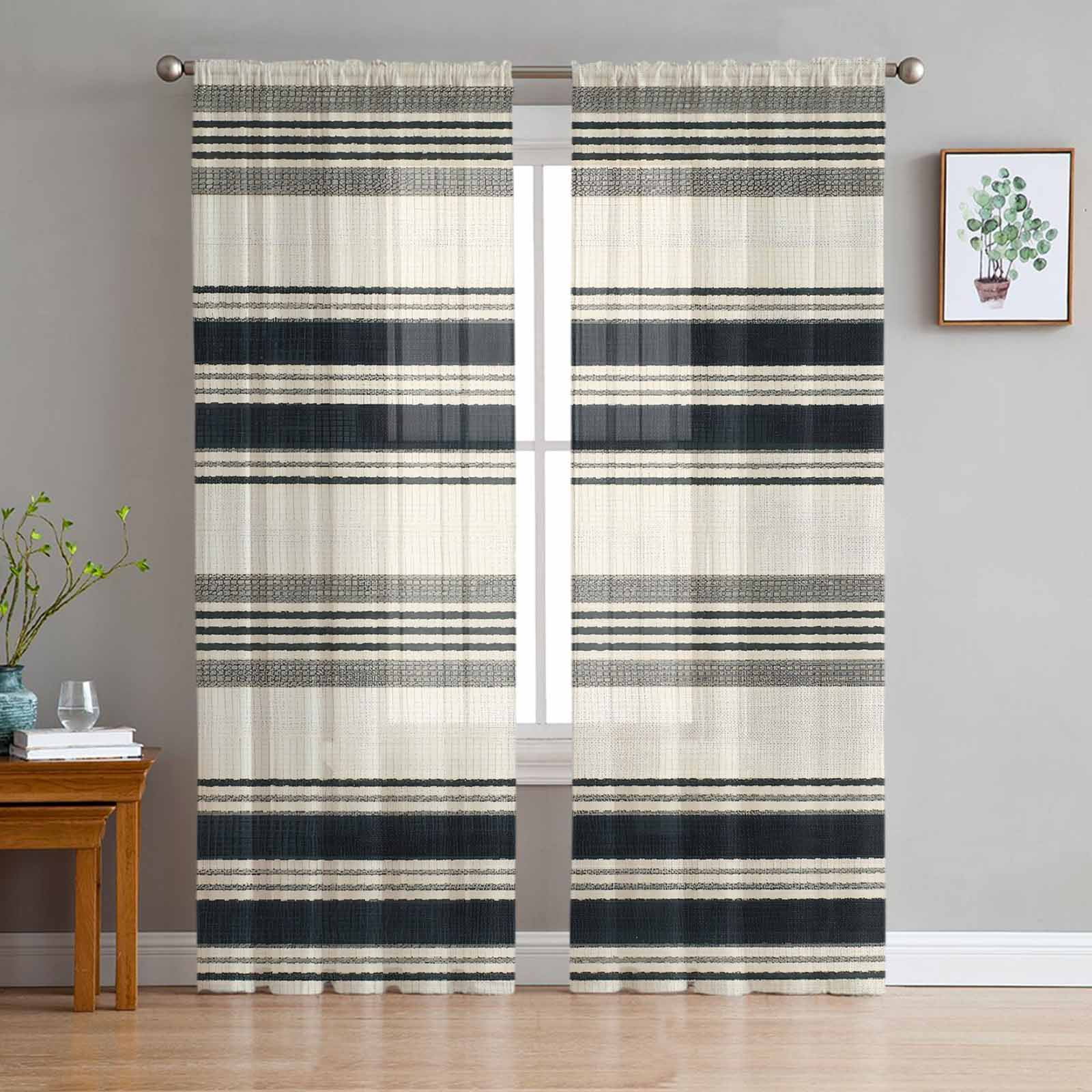 Black Grey Striped Sheer Curtains 63 Inches Length 2 Panels Set, Window ...