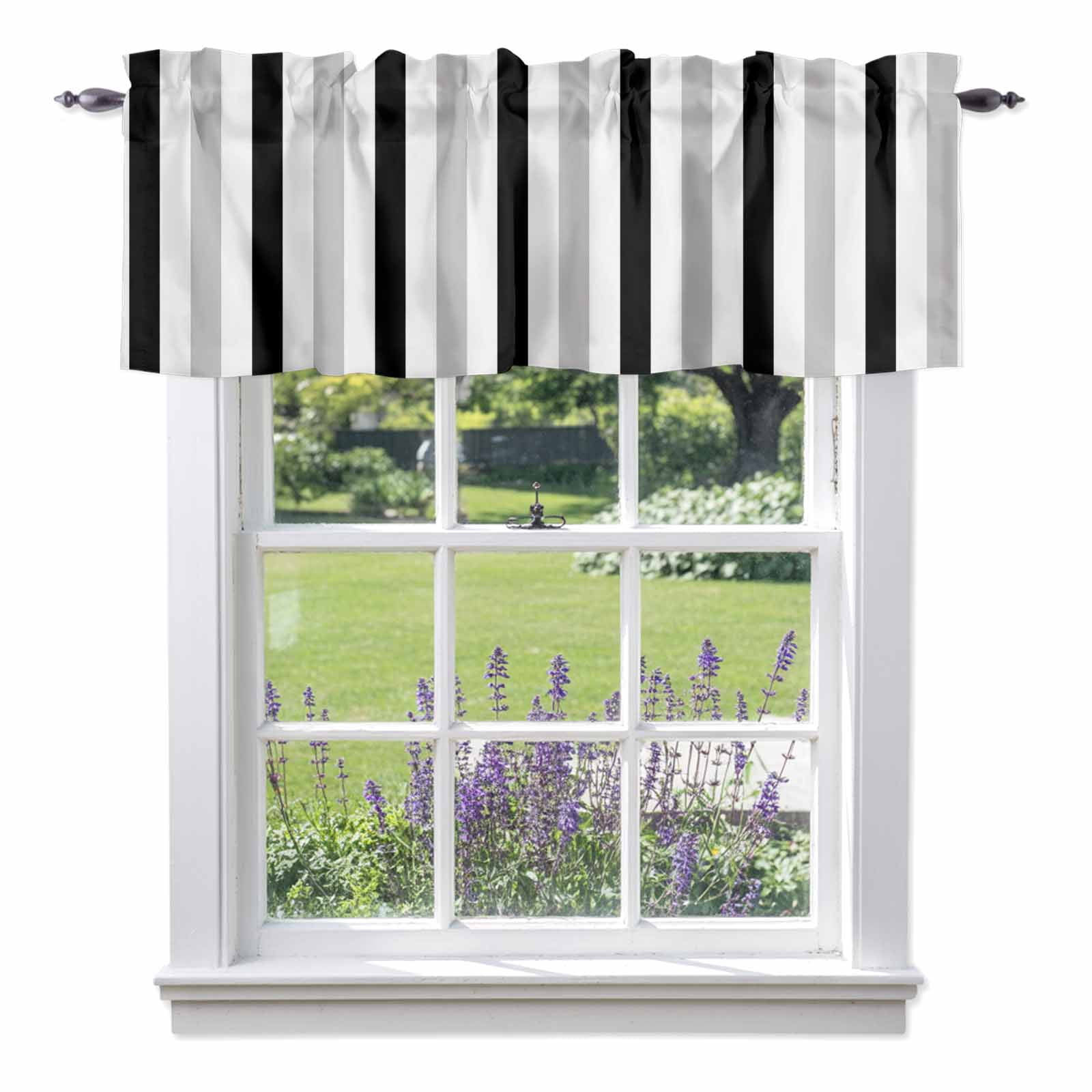 Black Grey Stripes Kitchen Curtain Valances for Windows Farmhouse Short ...