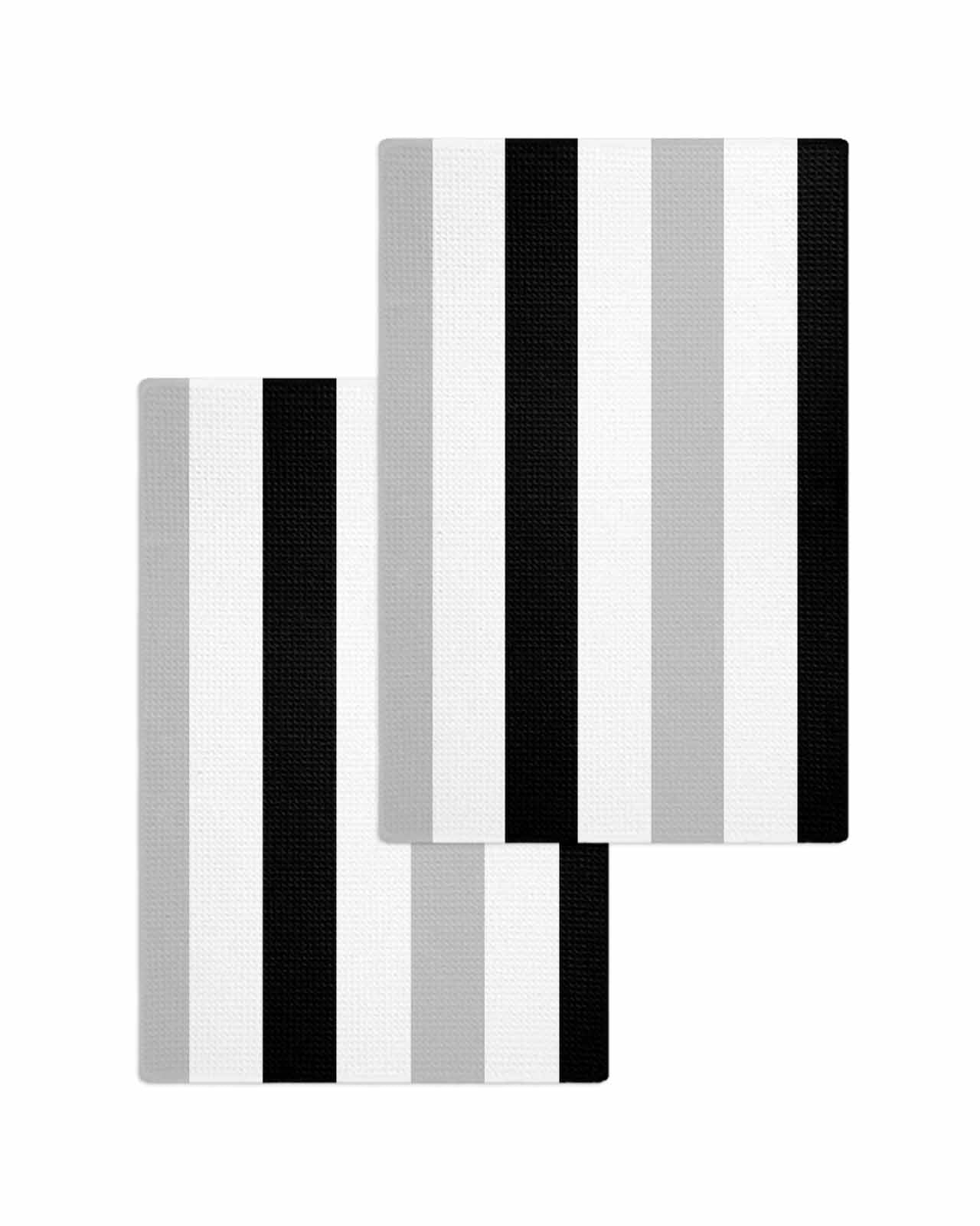 Black Grey Stripes Kitchen Dish Towels for Drying Dishes Set of 2, White Striped Vertical Modern ...