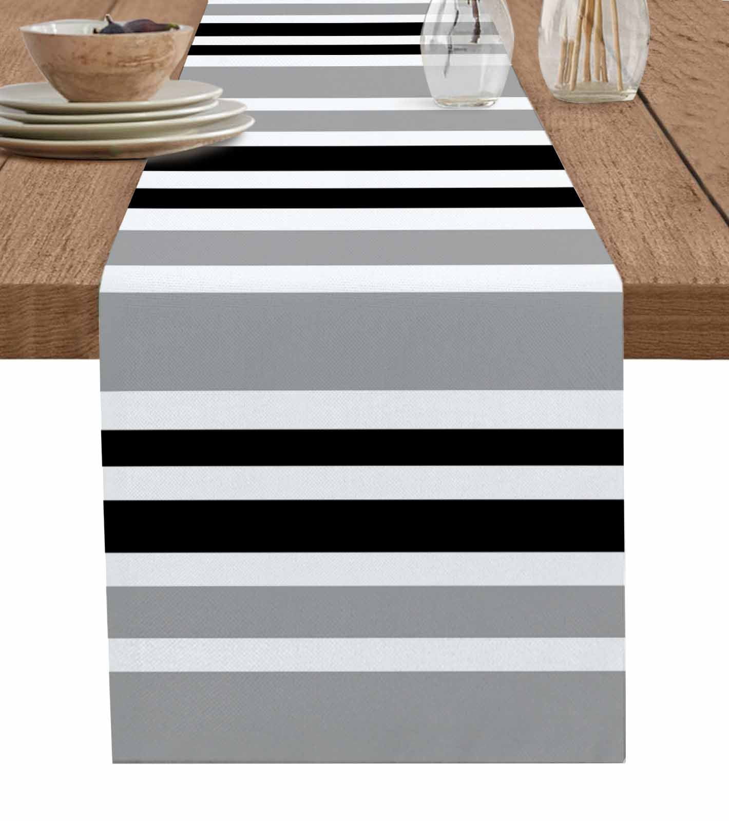 Black Grey Stripes Short Table Runners 36 Inches, Cotton Linen Fabric ...