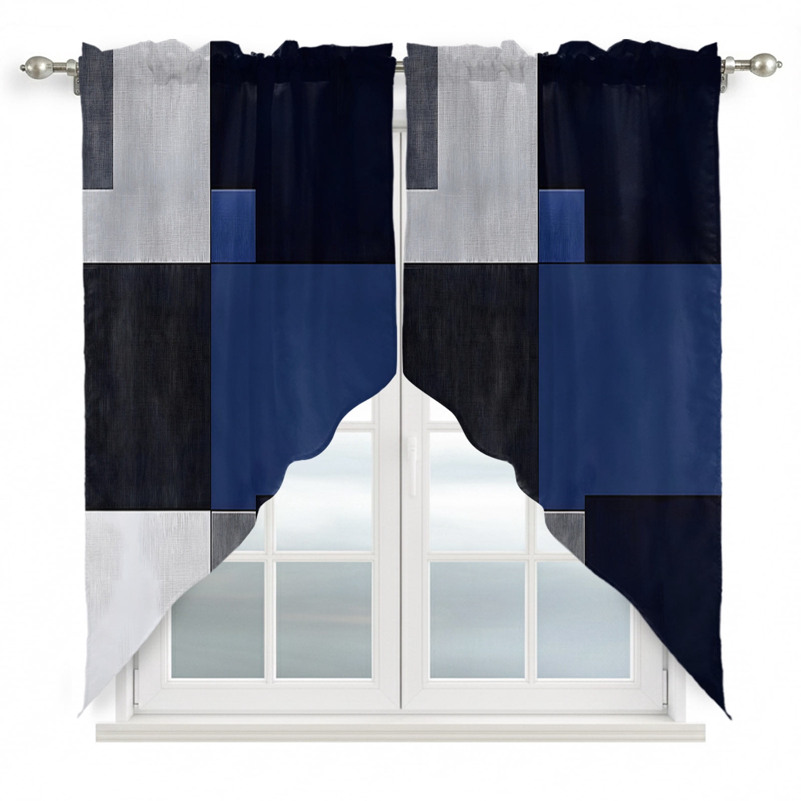 Black Grey Swag Curtain Valance for Window 2 Panels Blue Geometric ...