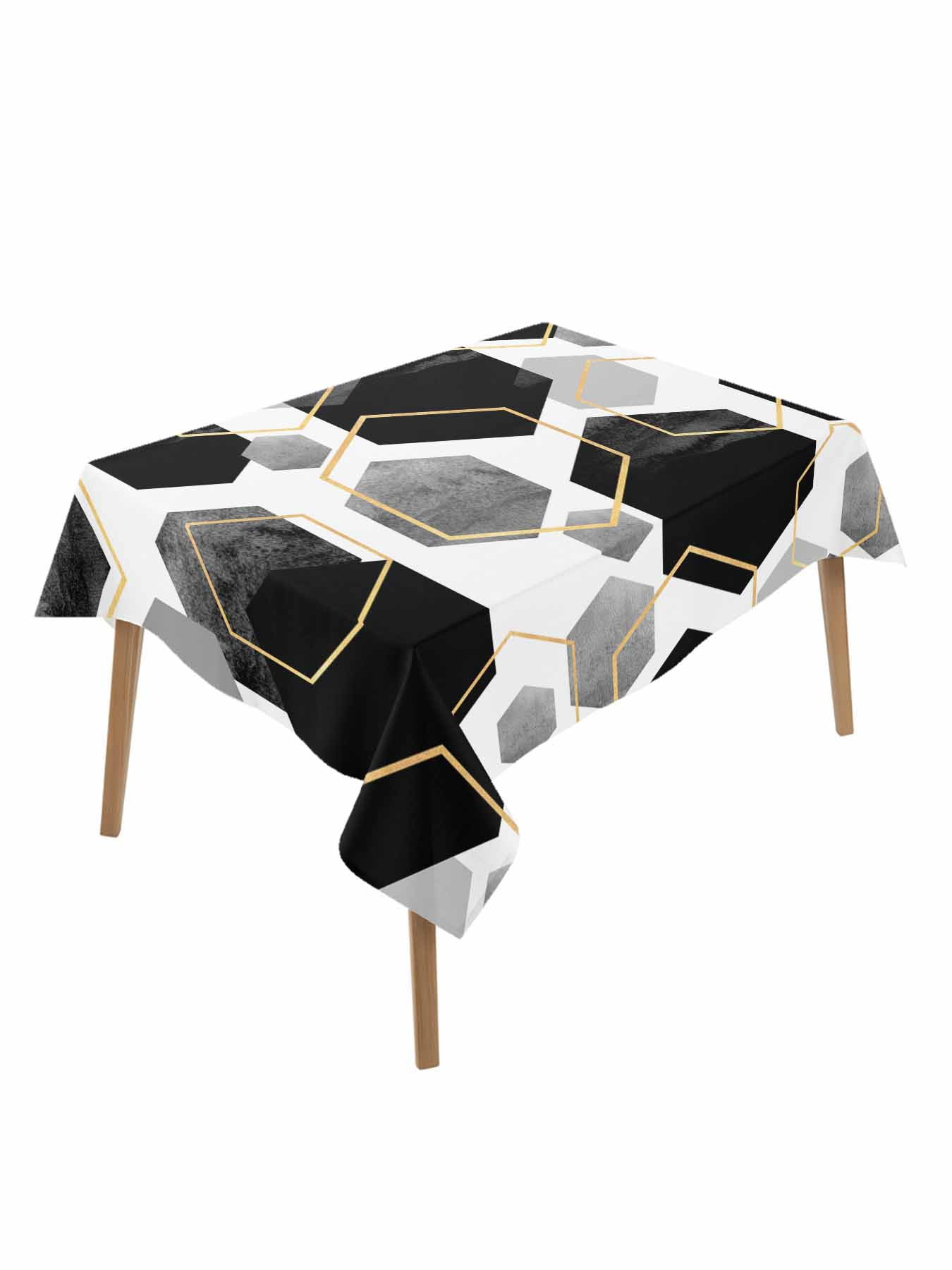 Black Grey Table Cloth, Geometric Gold White Hexagon Modern Waterproof ...