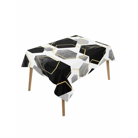 Black Grey Table Cloth, Geometric Gold White Hexagon Modern Waterproof ...