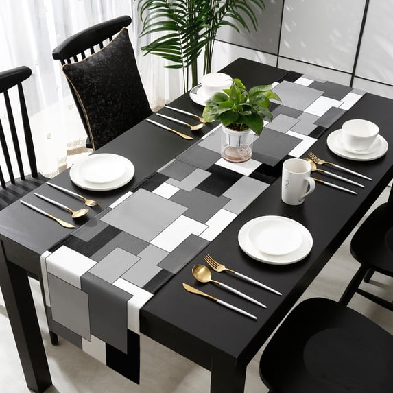 Black Grey Table Runner 120 Inches Long - Middle Century Irregular Geo ...