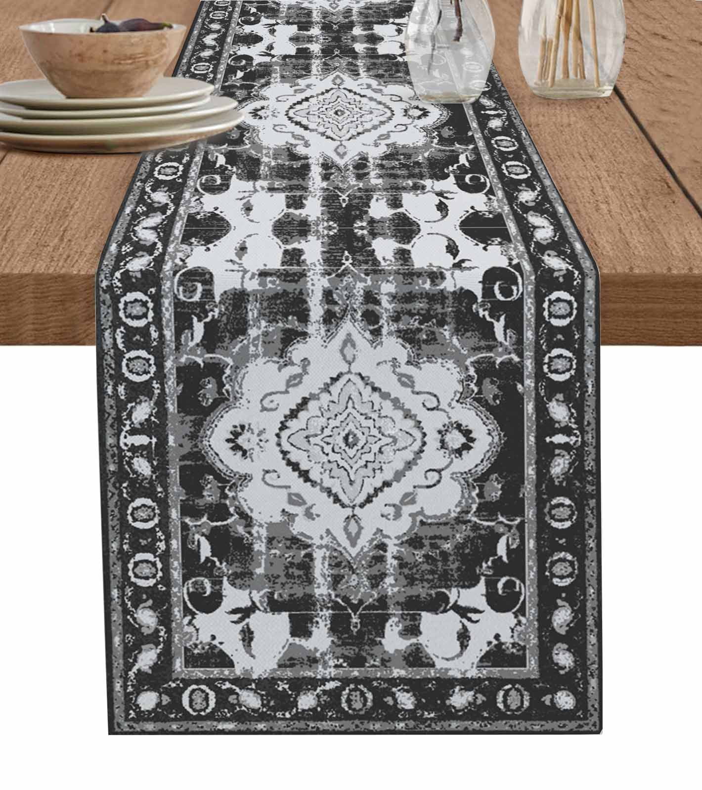 Black Grey Table Runner 36 Inches, Boho Vintage Print Distressed Brick ...