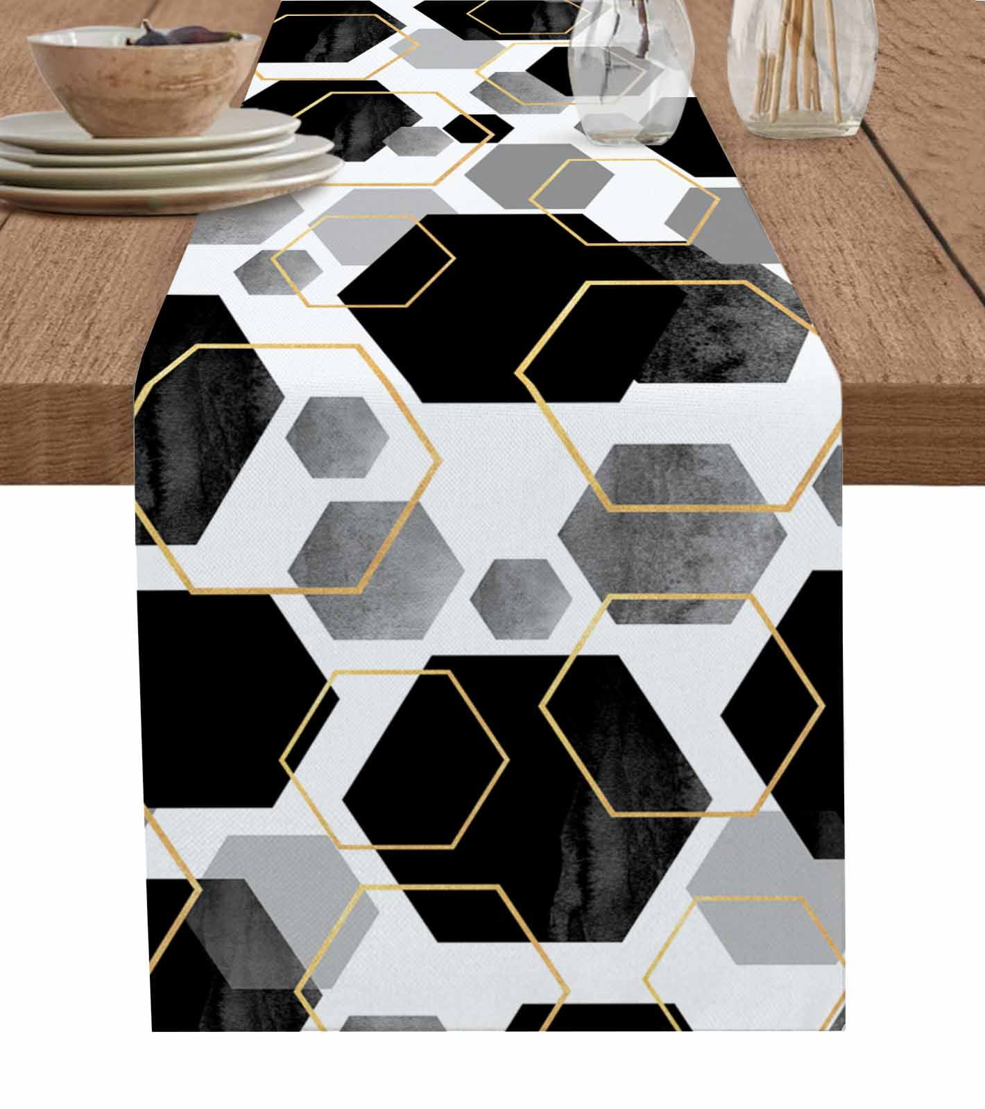 Black Grey Table Runner 48 Inches, Geometric Gold White Hexagon Modern ...