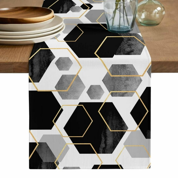 Black Grey Table Runner, Geometric Gold White Hexagon Modern Washable ...