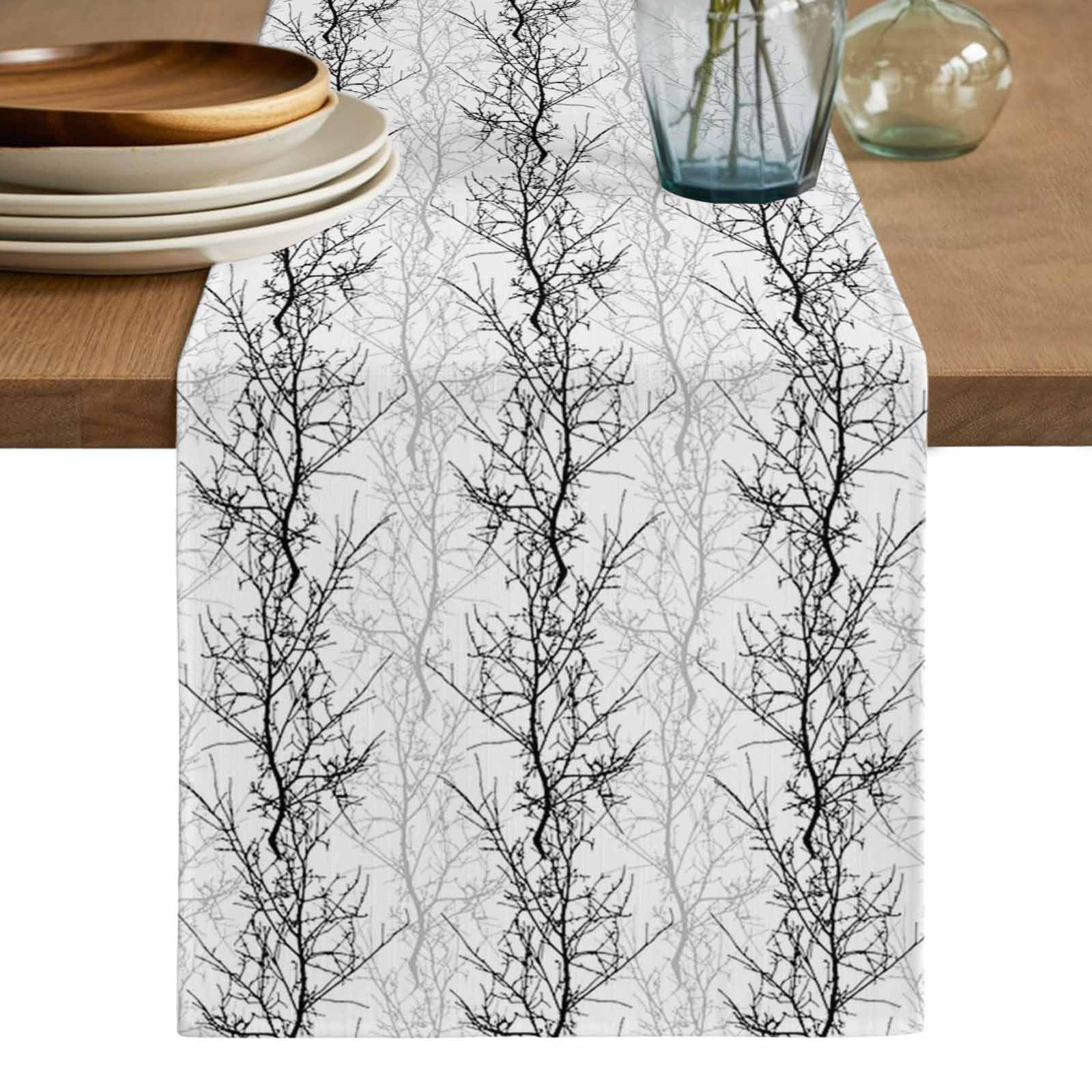 Black Grey Table Runner, Pastoral Botanical Branch Aesthetics Washable ...