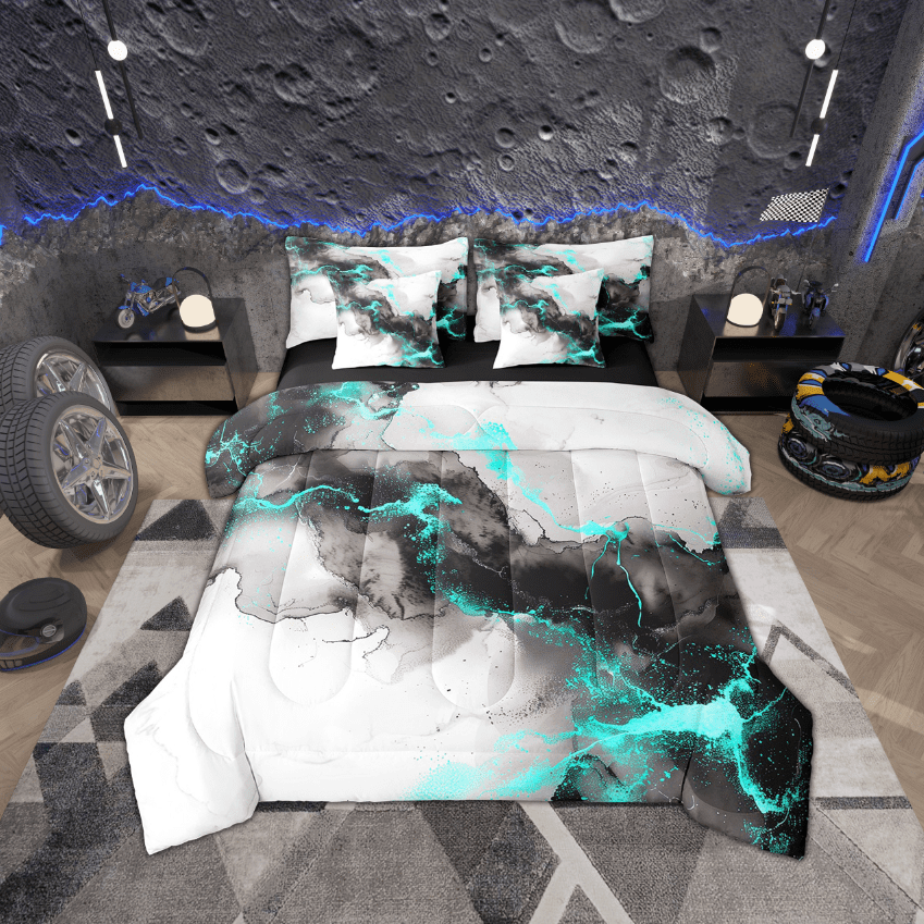 Black and Grey Teal Bedding Comforter Sets 7 Pieces Marble Aesthetic ...