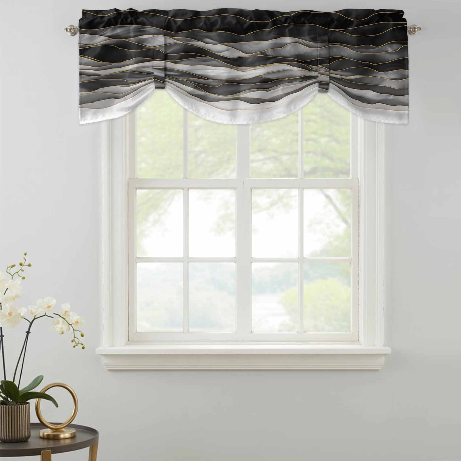Black Grey Tie Up Valances Curtain, Gradient Ripple Adjustable Valance ...