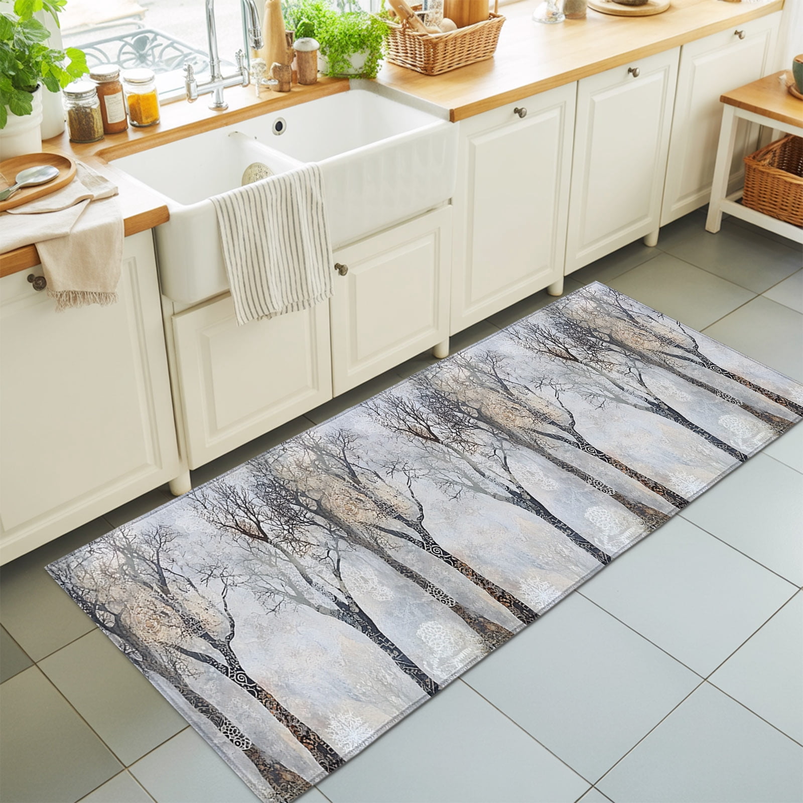 Black Grey Tree Abstract Rectangle Rug 2'x6' Vintage Watercolor Branch ...