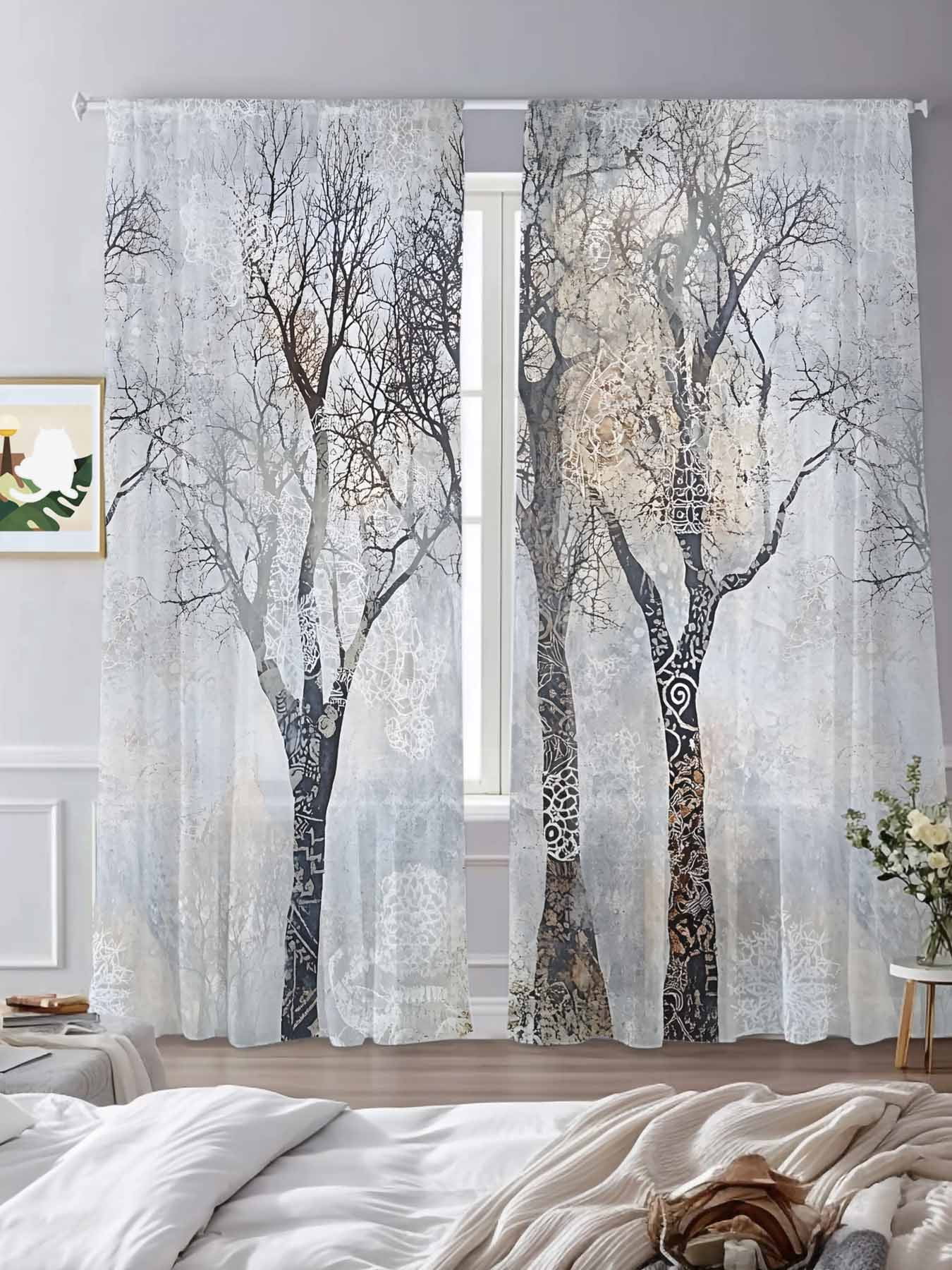 Black Grey Tree Abstract Sheer Curtains 2 Panels Set Vintage Watercolor ...
