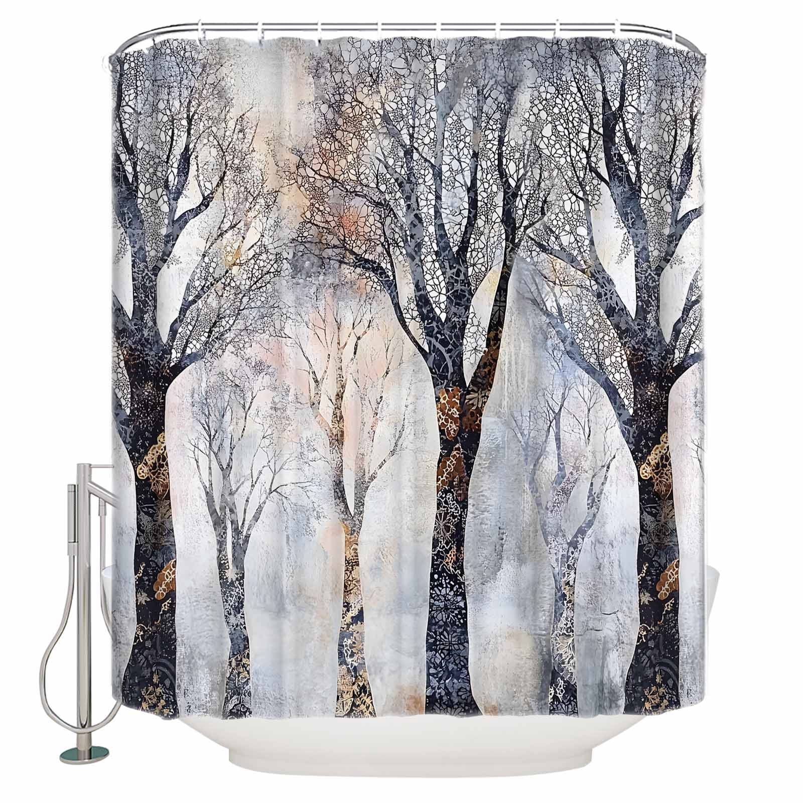 Black Grey Tree Bathroom Shower Curtains with 12 Hooks Polyester ...