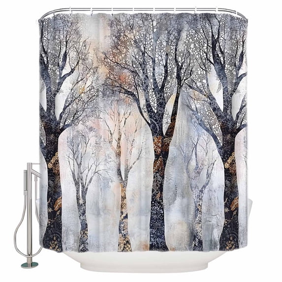 Black Grey Tree Bathroom Shower Curtains with 12 Hooks Polyester ...