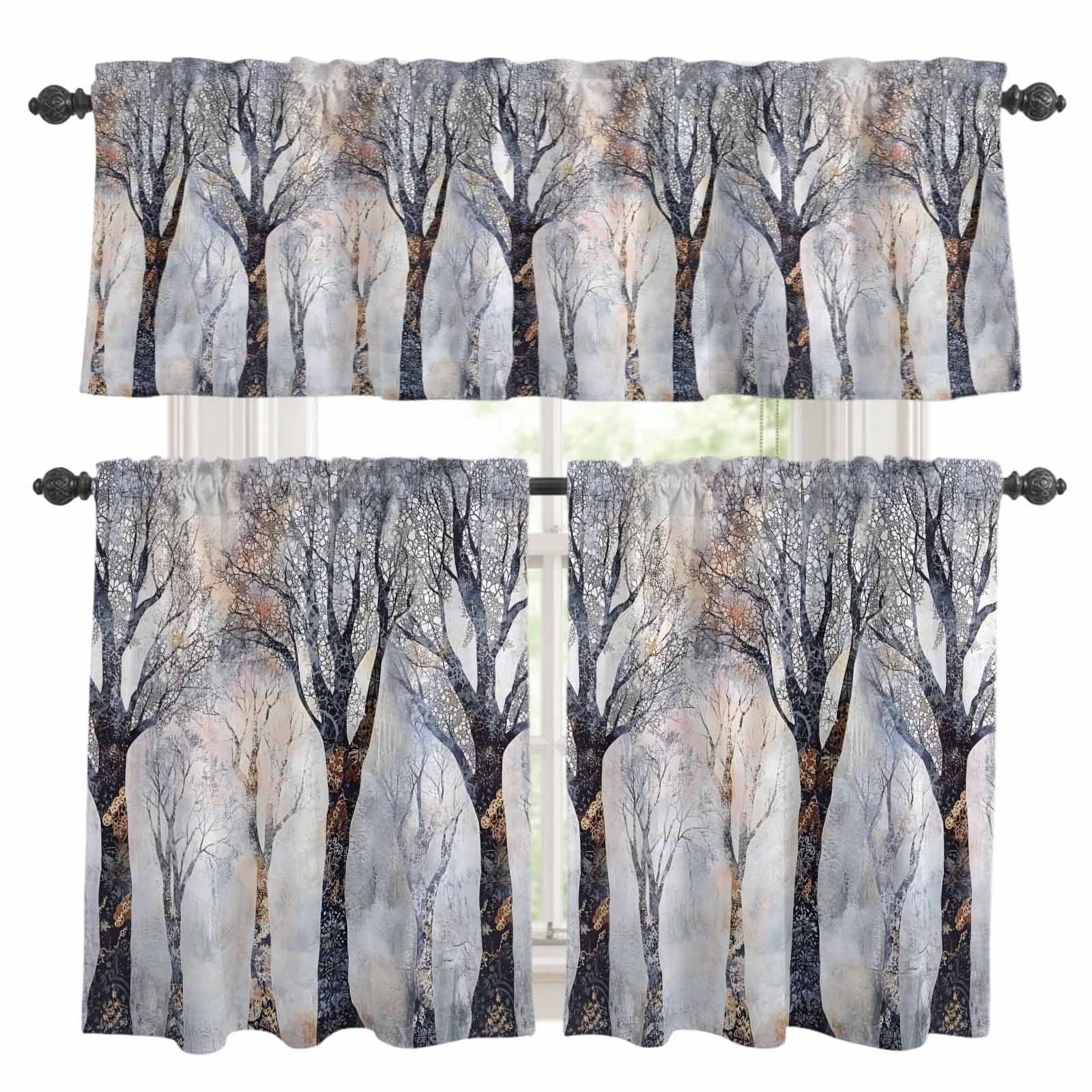 Black Grey Tree Kitchen Curtains Sets for Windows 36 Inch Length ...