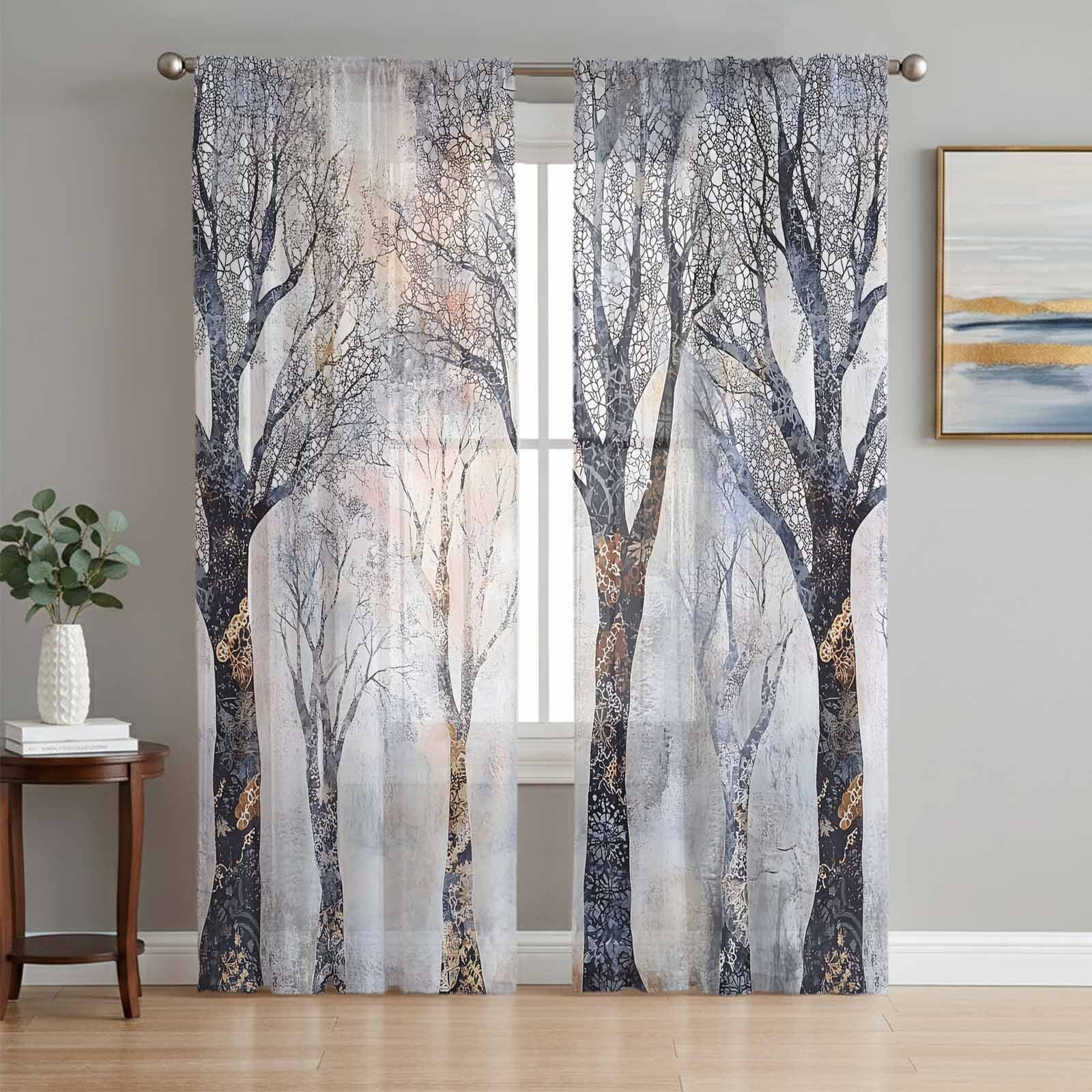 Black Grey Tree Sheer Curtains 63 Inch Length 2 Panels Set, Vintage ...