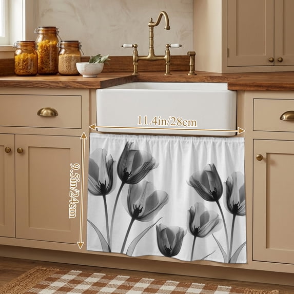 Black Grey Tulip Small Cabinet Curtains 10"W x 11"L, Flower Floral ...