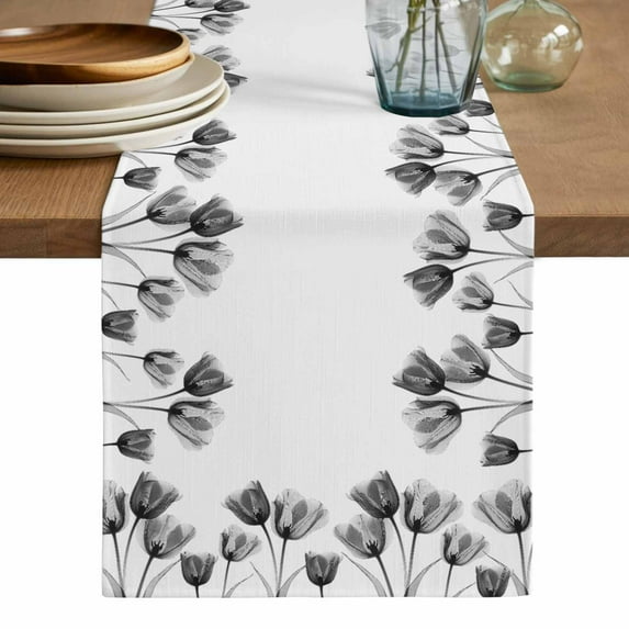 Black Grey Tulip Table Runner, Flower Floral Modern Minimalist White ...