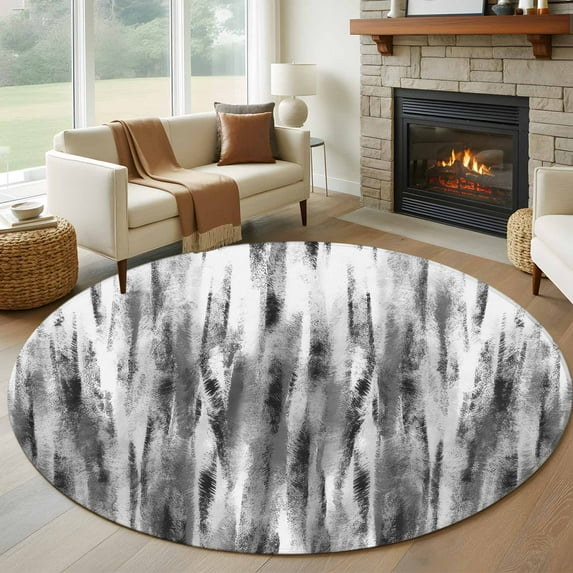 Black Grey Vintage Round Rug 8ft Washable Circle Rugs Non Slip Retro ...