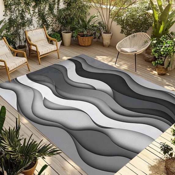 Black Grey Waves Outdoor Rug, Abstract Water Ripple Non-Slip Area Rugs ...
