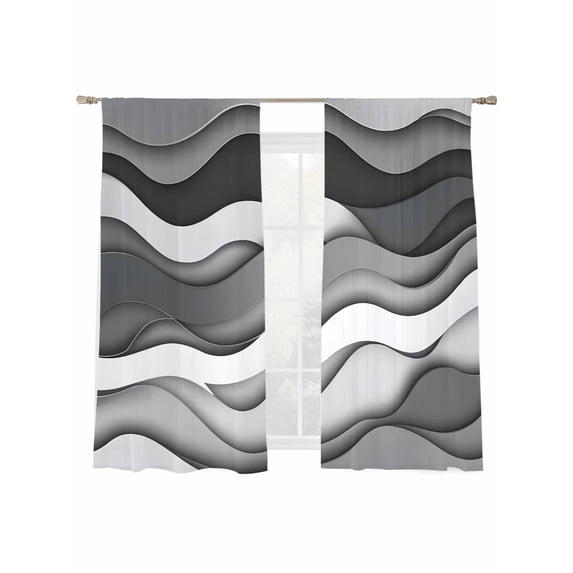 Black Grey Waves Sheer Curtains 63 inches Long, Abstract Water Ripple ...