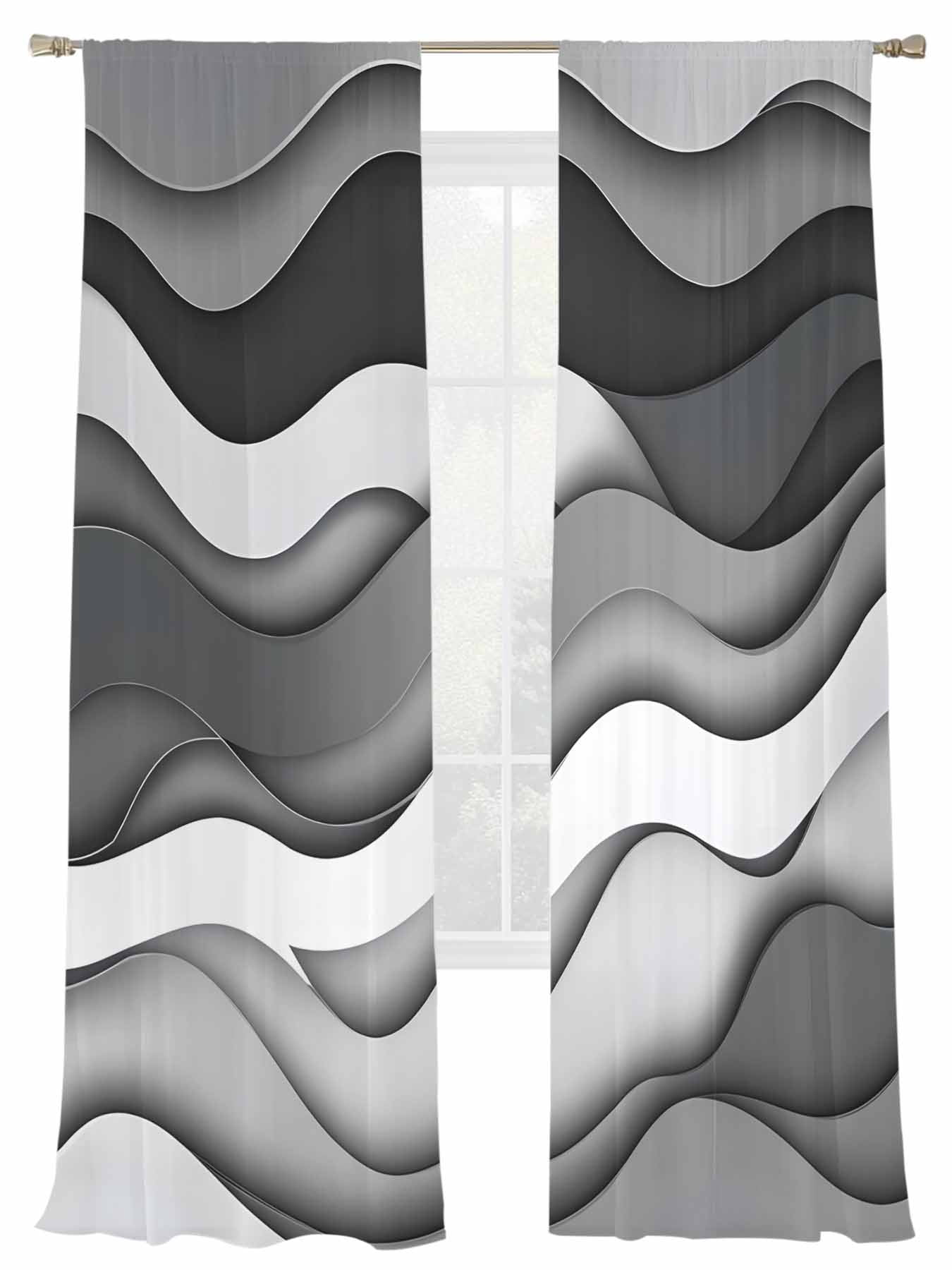 Black Grey Waves Sheer Curtains for Living Room Bedroom, Light ...