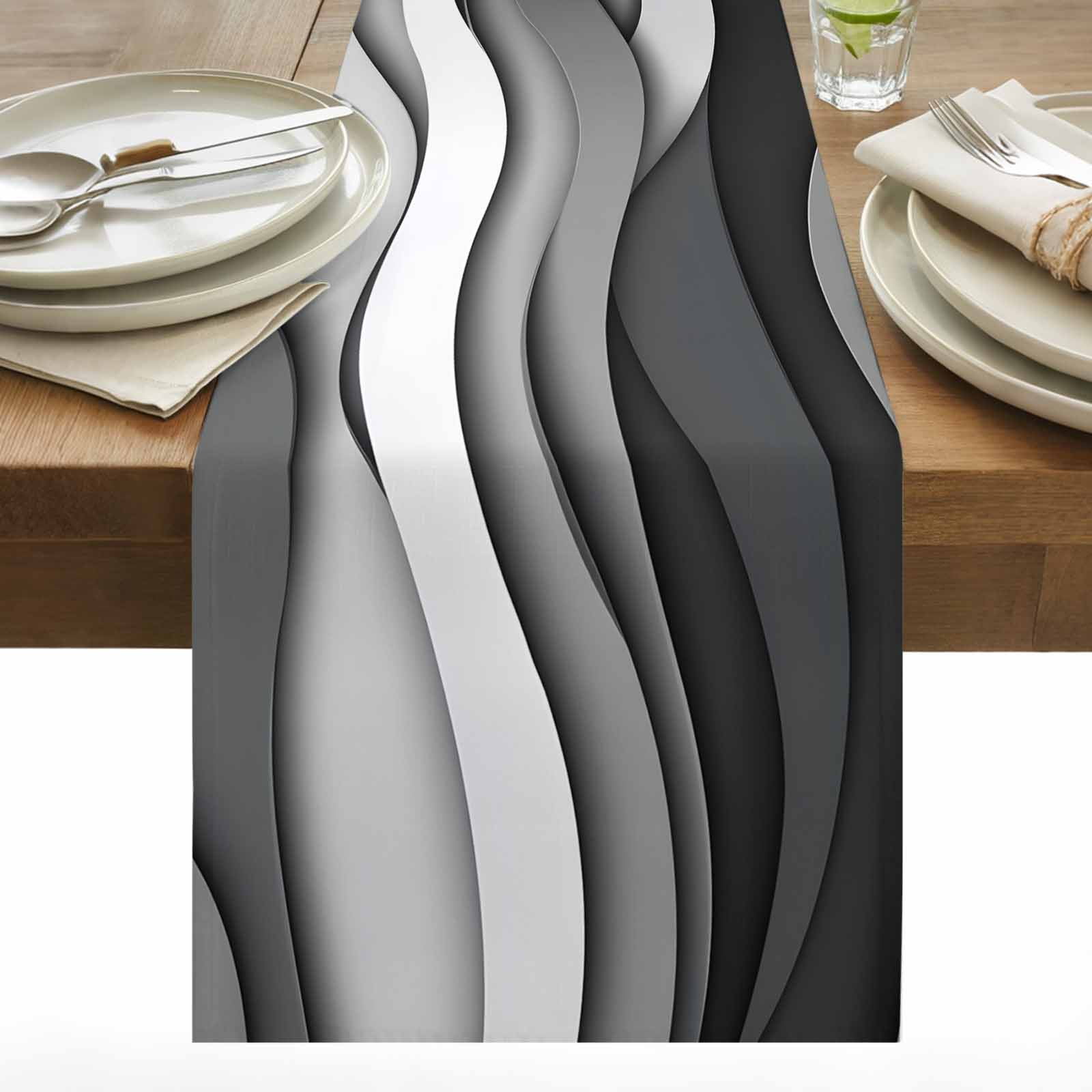 Black Grey Waves Table Runner 13x108 inch Abstract Water Ripple Cotton ...