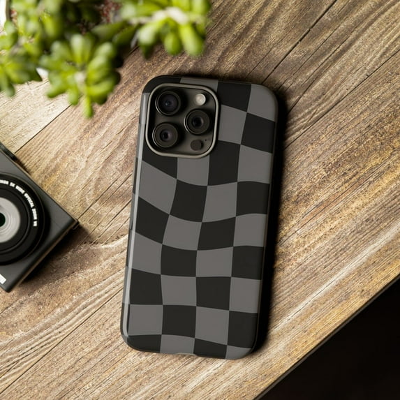 Black Grey Wavy Checkerboard Retro Style iPhone Case 17 16 15 14 13 12 ...