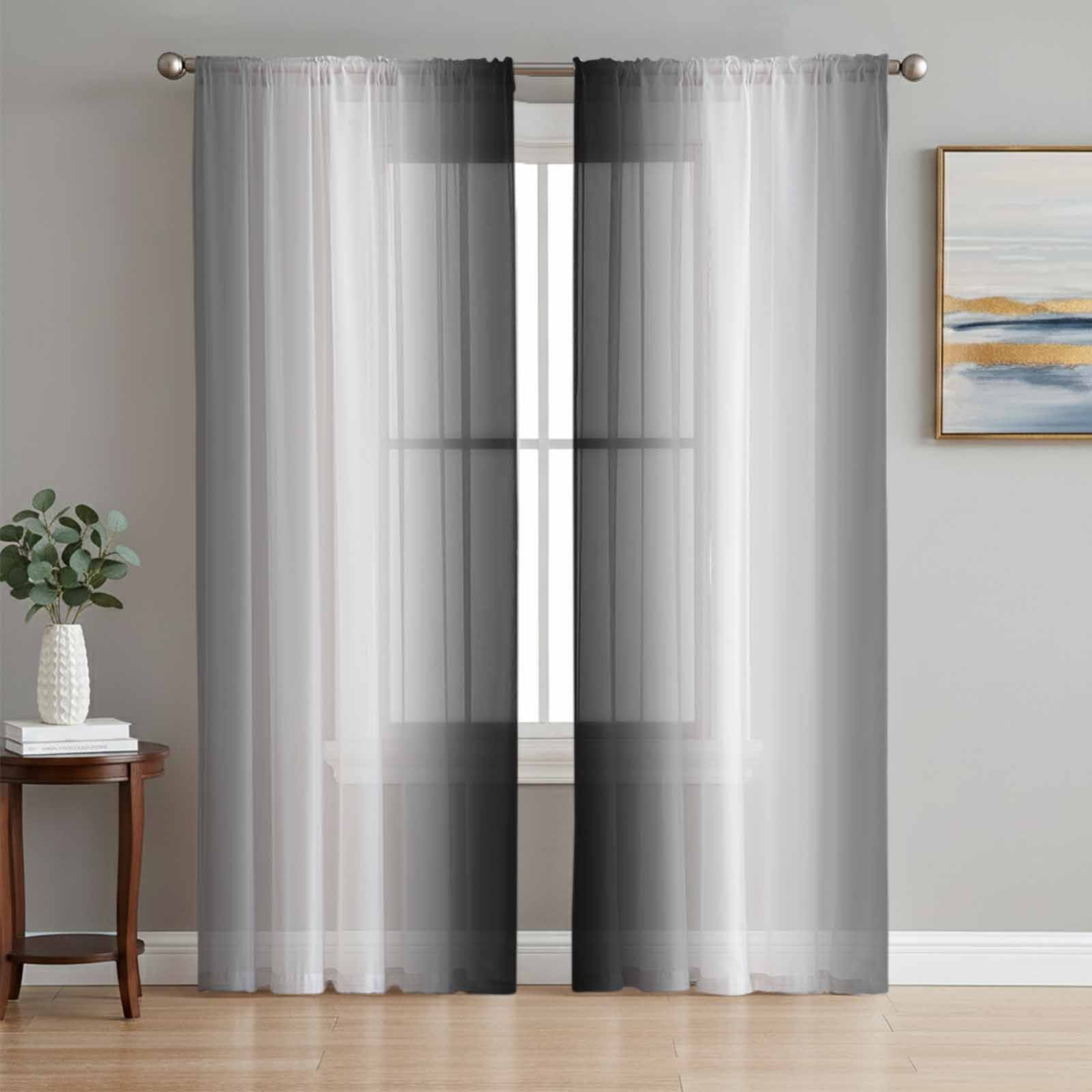 Black Grey White Semi Sheer Curtains 63 Inch Length 2 Panels Set ...