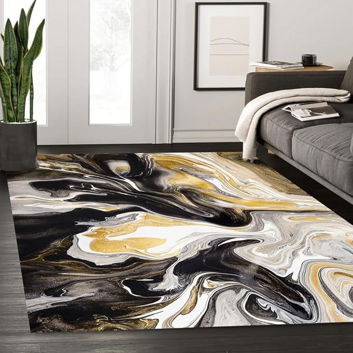 Black Grey Yellow Liquid Abstract Modern Marble Rugs For Living Room ...