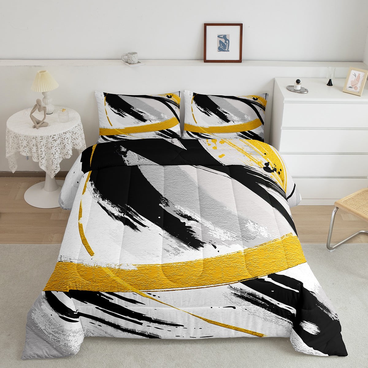Black Grey Yellow Queen Comforter Set Brush Strokes Oil Painting ...