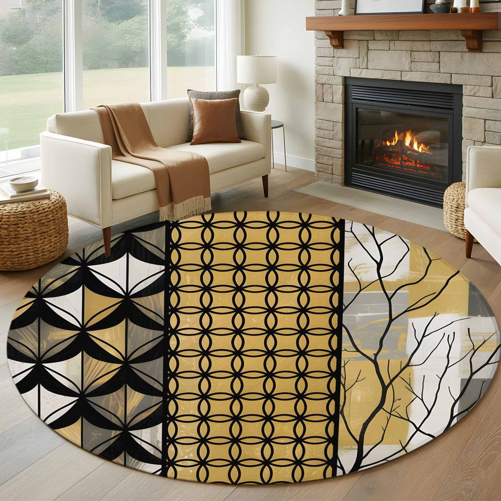 Black Grey Yellow Round Rug 5ft Washable Circle Kitchen Rugs Non Slip ...