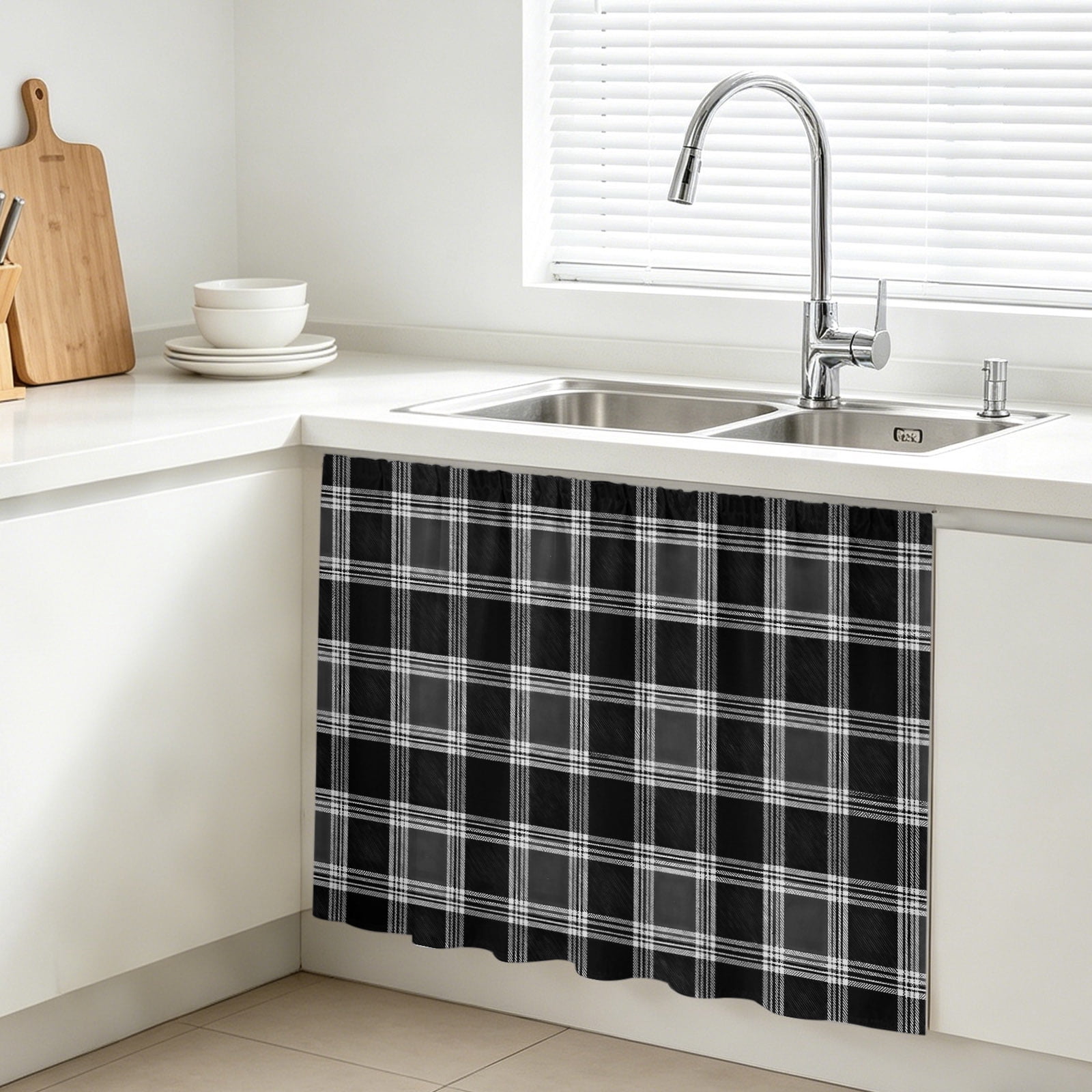 Black Grid Cabinet Curtains for Kitchen 11"W x 13"L, Minimalist Pitch ...