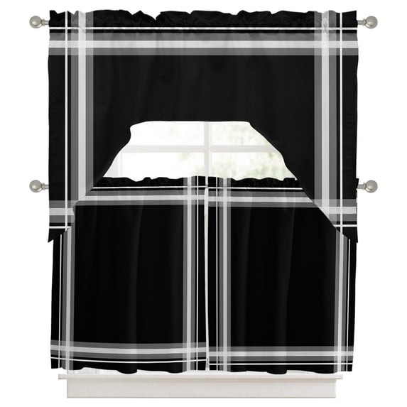 Black Grid Kitchen Curtains Swag Valance and Tier Curtains Set 24 Inch ...