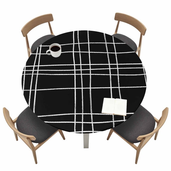 Black Grid Line Round Fitted Table Cover Modern Minimalist Abstract ...