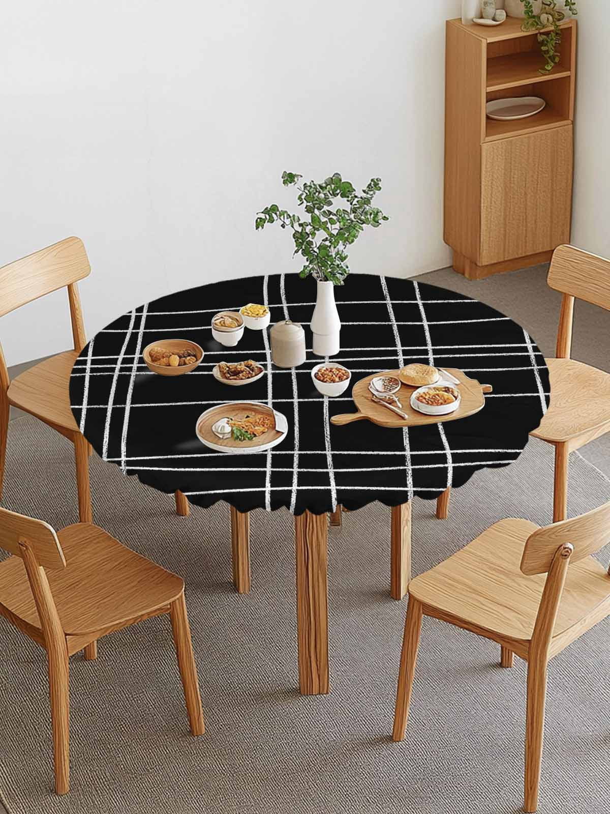 Black Grid Line Round Fitted Tablecloth with Elastic Edge, Modern ...