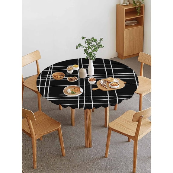 Black Grid Line Round Fitted Tablecloth with Elastic Edge, Modern ...