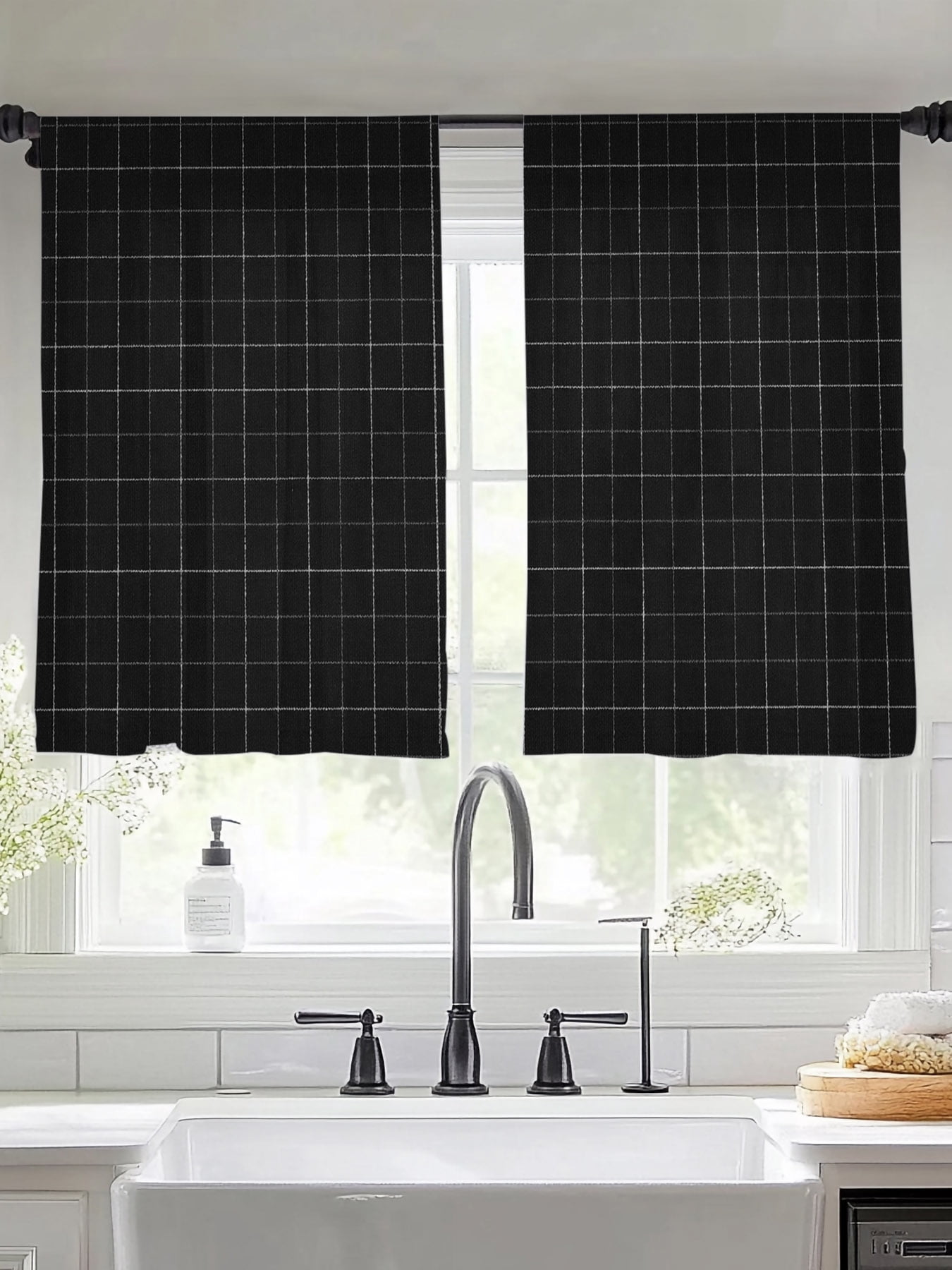 Black Grid Sheer Curtains 54 inches Long, Square Frame Pitch Black ...