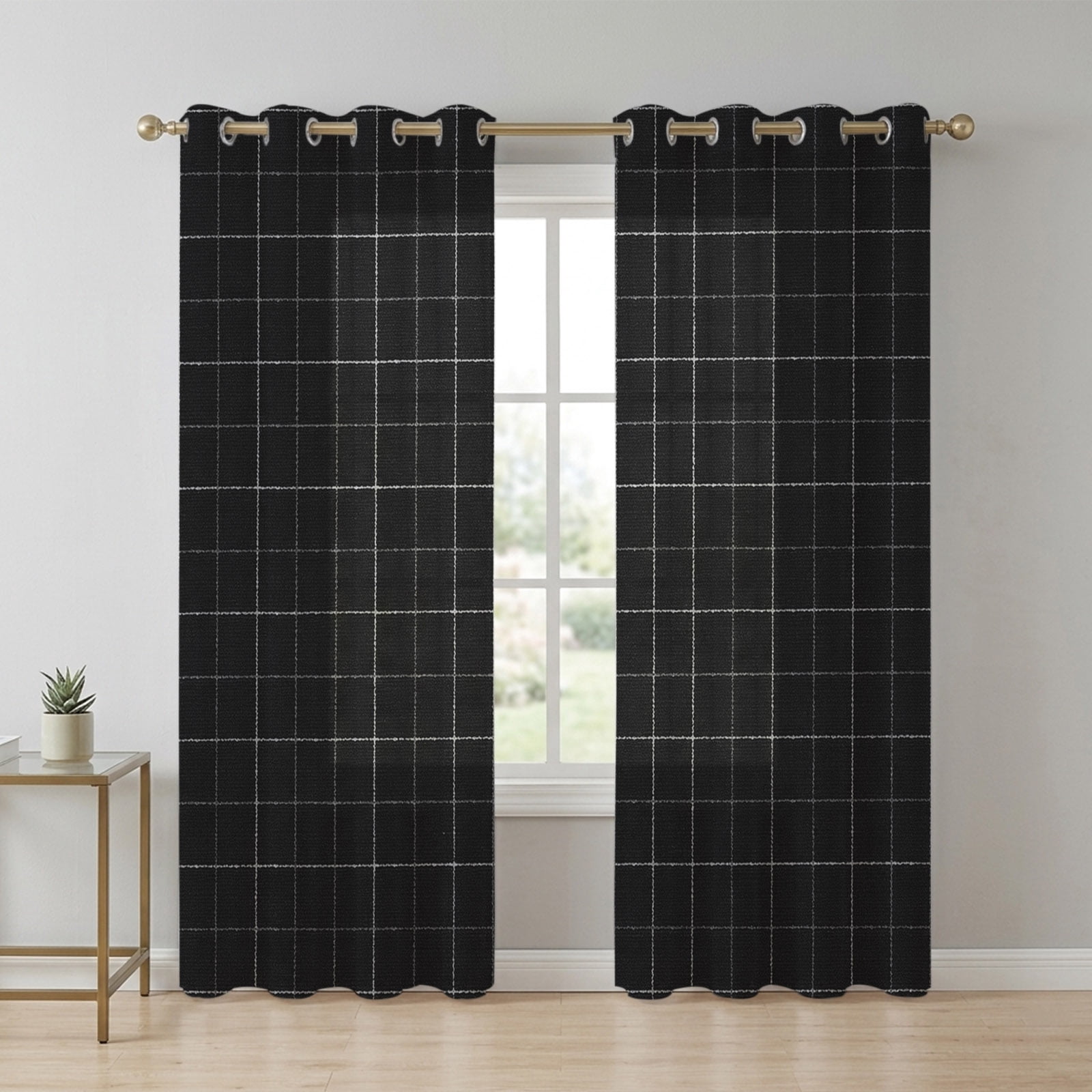 Black Grid Sheer Curtains 96 Inch Long 2 Panels, Square Frame Pitch ...