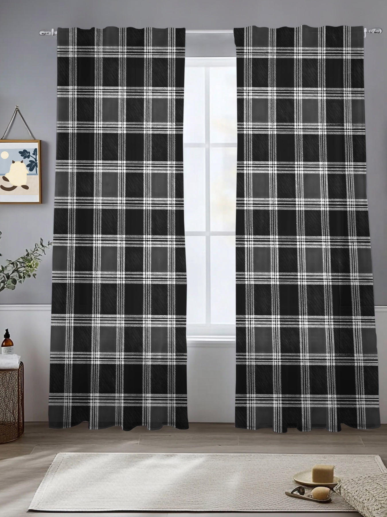 Black Grid Sheer Curtains 96 inches Long, Minimalist Pitch Black Plaid ...