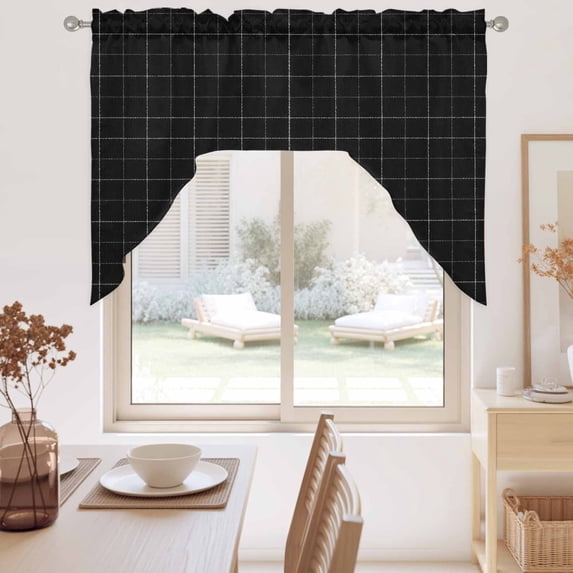 Black Grid Swag Valance for Windows, Square Frame Pitch Black Plaid ...
