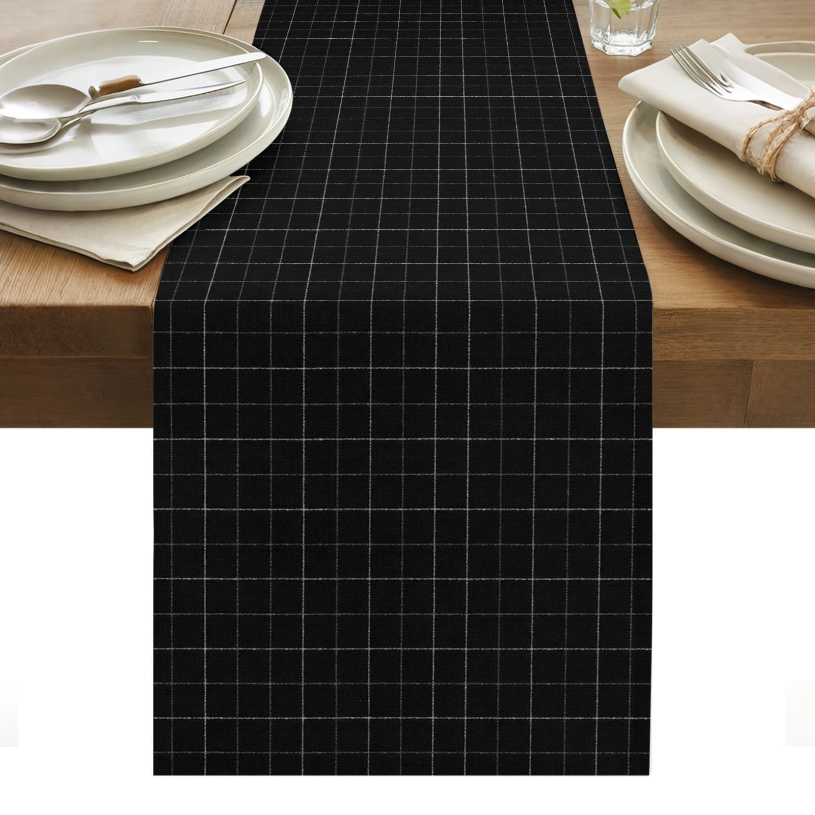 Black Grid Table Runner, Square Frame Pitch Black Plaid French Country ...