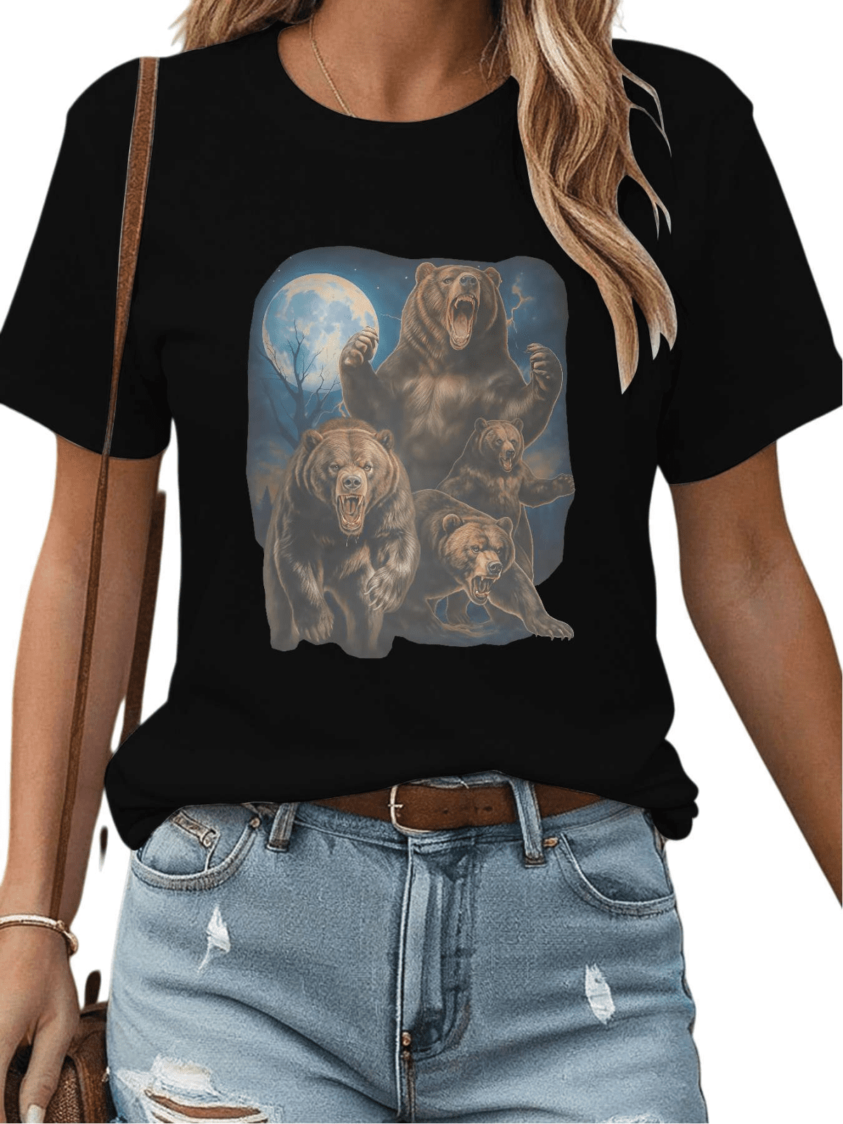 Black Grizzly Bear Print Tshirt Graphic Tees Shirts Moonlit Forest ...