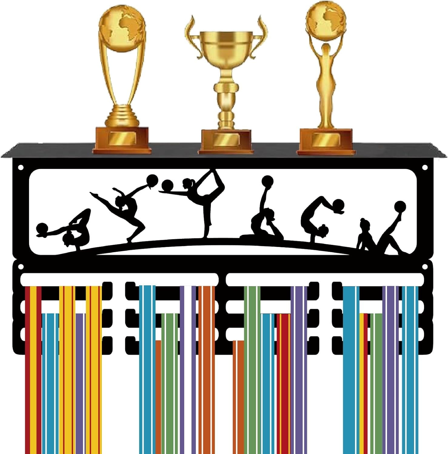 Black Gymnastics Medal Holder Trophy Shelf Display with 12 Hooks ...
