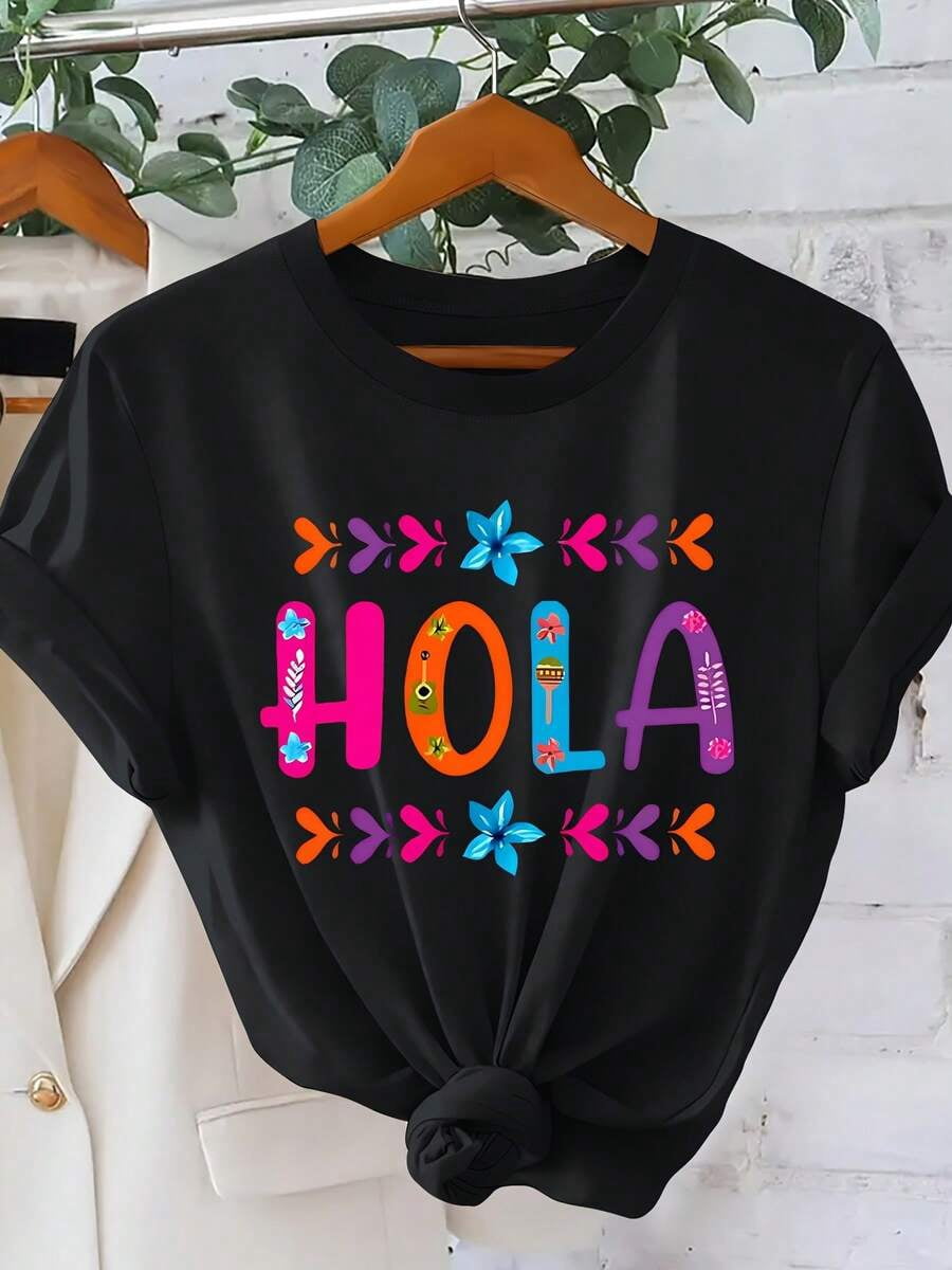 Black HOLA Graphic Print Short Sleeve Unisex T-Shirt - Crew Neck Casual ...