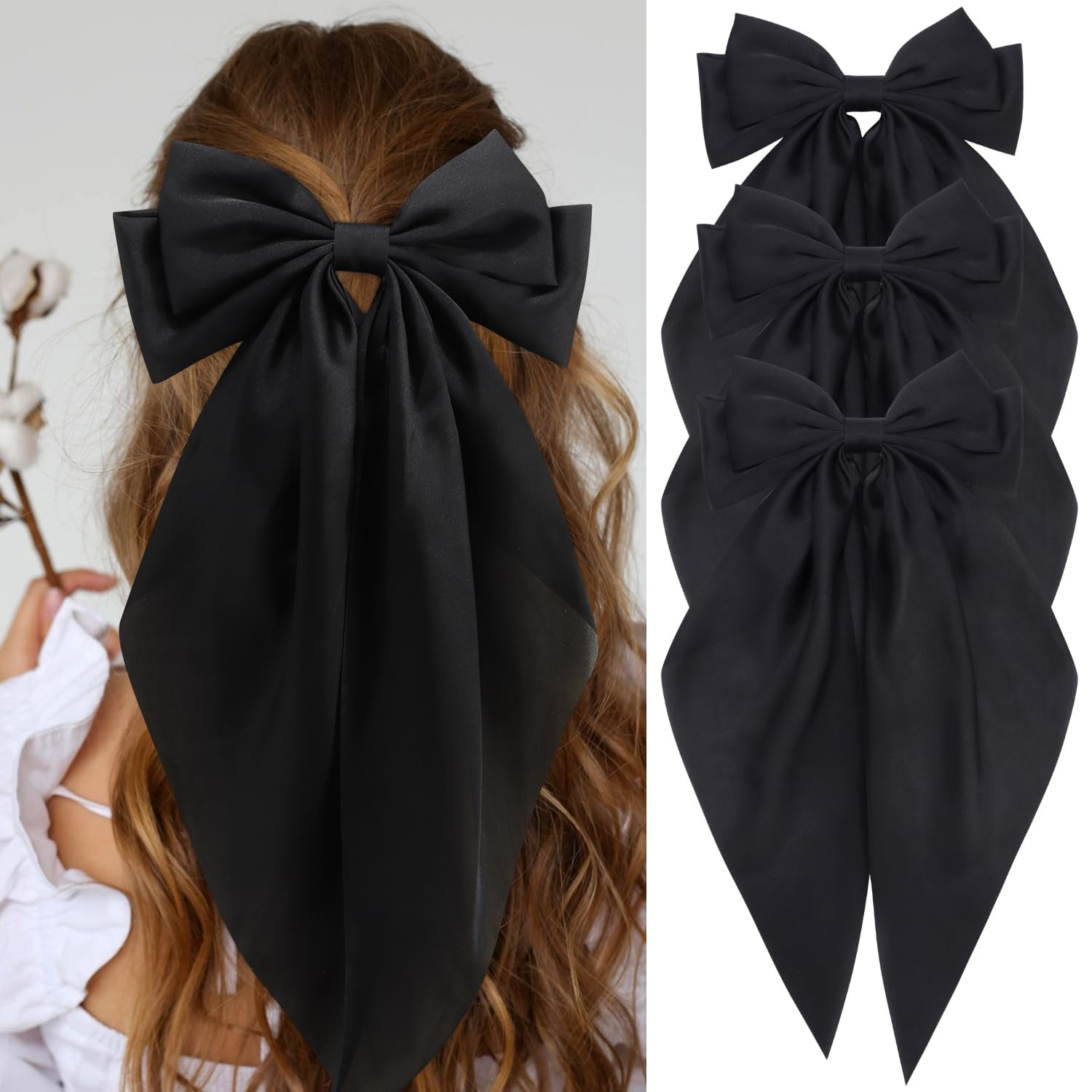 Black Hair Bow Hair Bows for Women Bows for Hair Silky Satin Hair ...