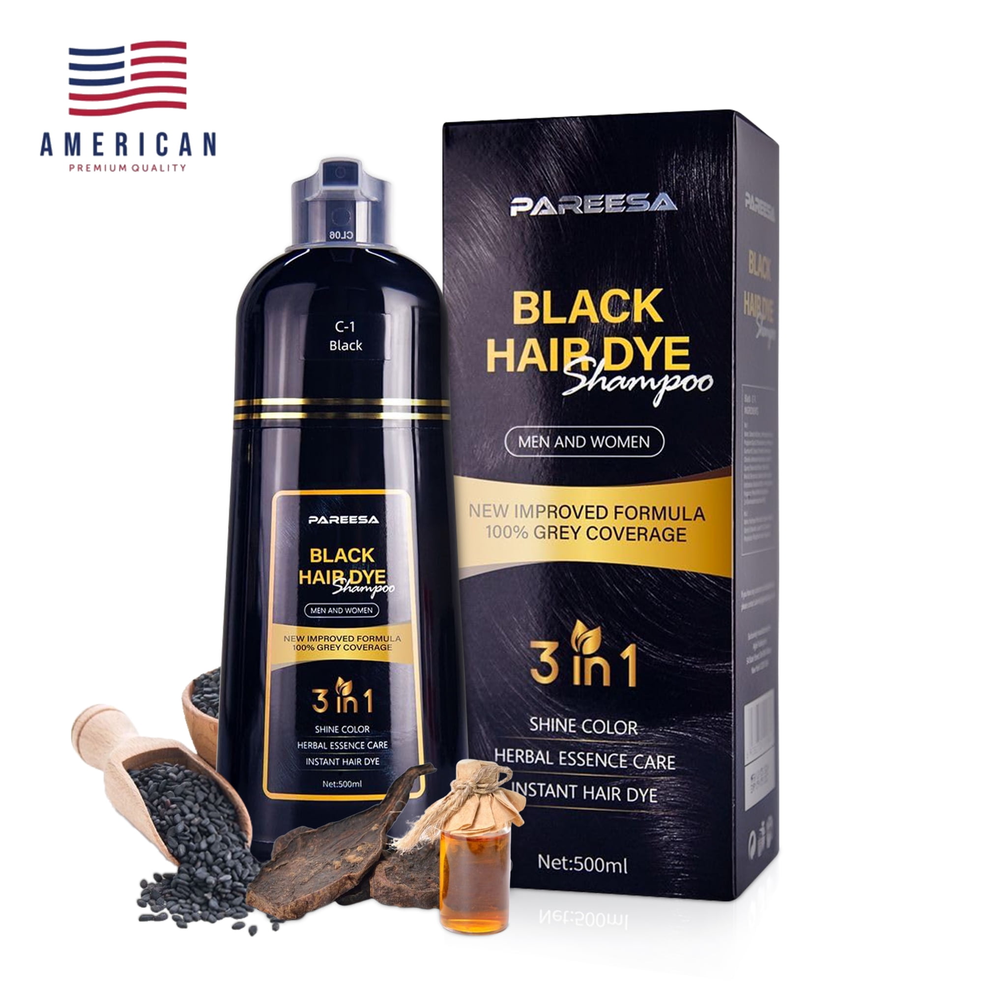 PAREESA Black Hair Dye Shampoo 3 in 1 for Grey Hair - Hair Color ...