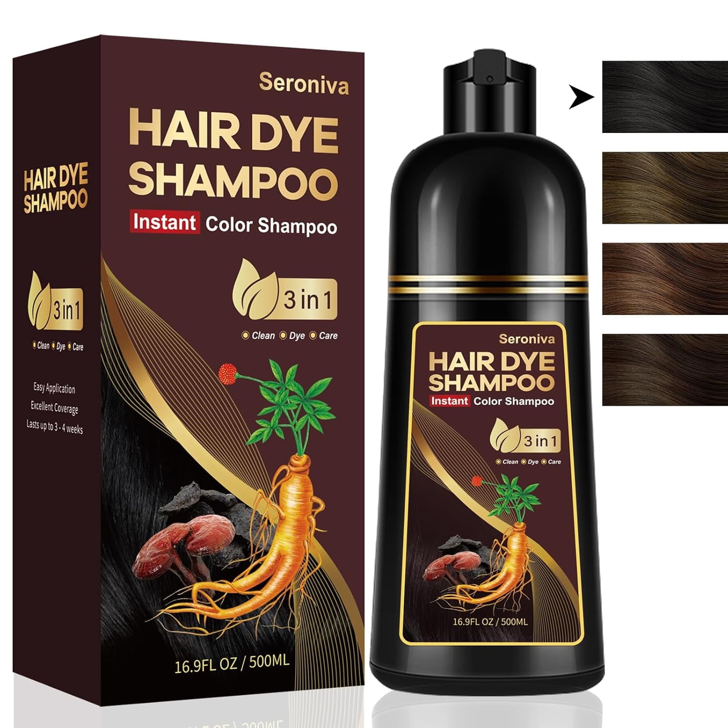 Black Hair Dye Shampoo 3-in-1: 100% Gray Coverage in Minutes - Instant ...