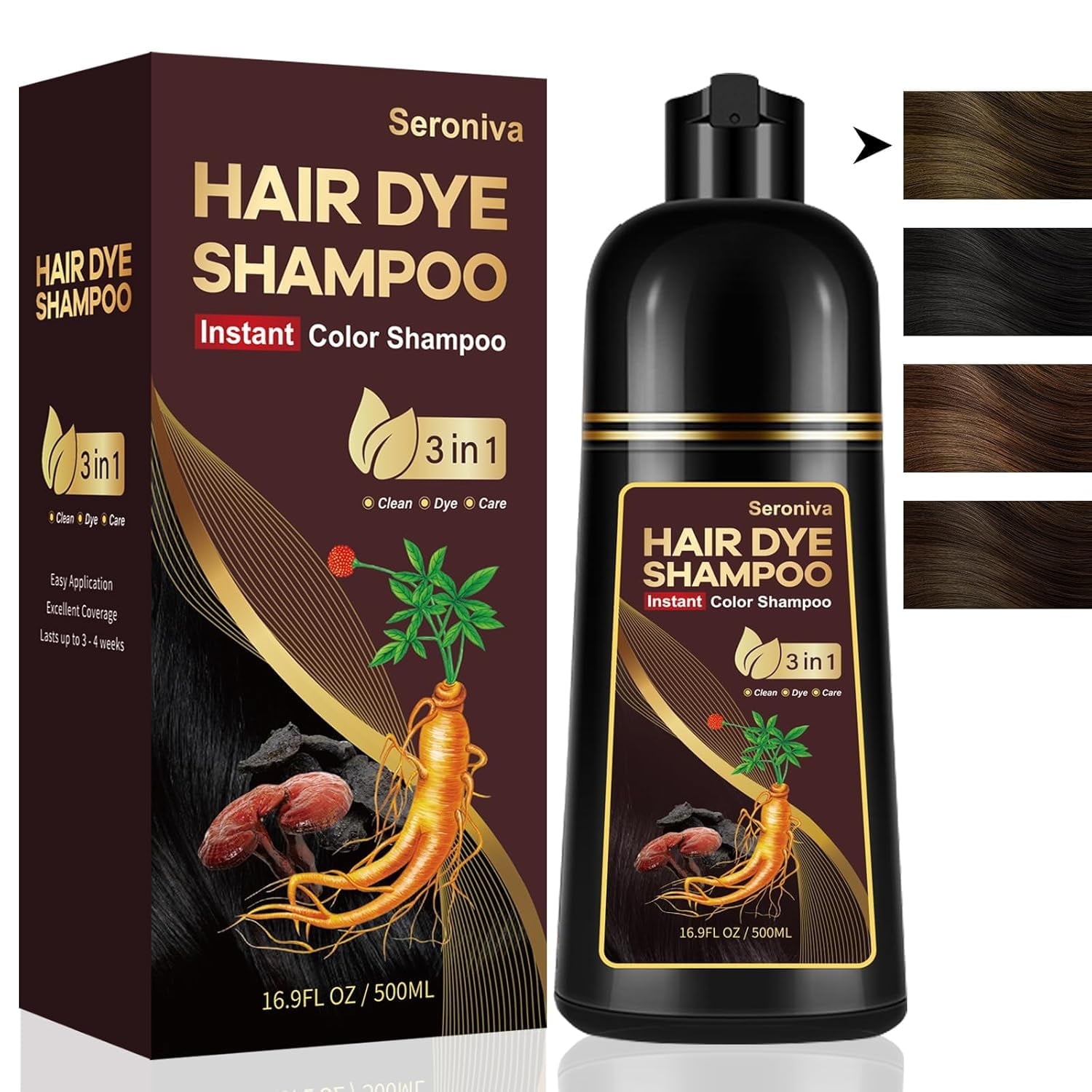 Black Hair Dye Shampoo 3-in-1,100% Gray Coverage in Minutes - Instant ...